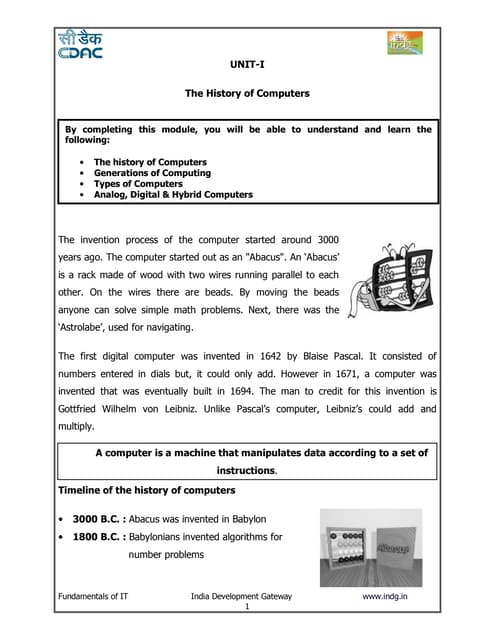 history of computers it is important to study how computers evolved through time by discussing ...