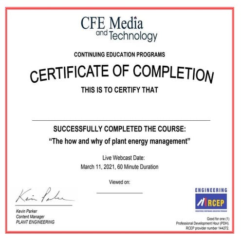 Certificate of Completion "The how and why of plant energy management ...
