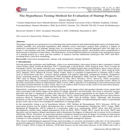 The Hypotheses Testing Method for Evaluation of Startup Projects | PDF