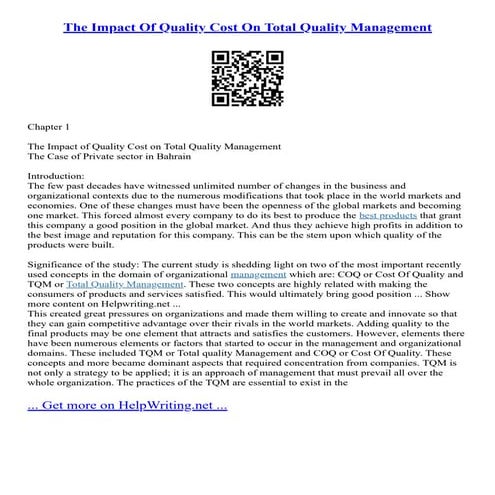 The Impact Of Quality Cost On Total Quality Management | PDF