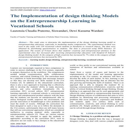 The implementation of design thinking models on the entrepreneurship learning in vocational ...