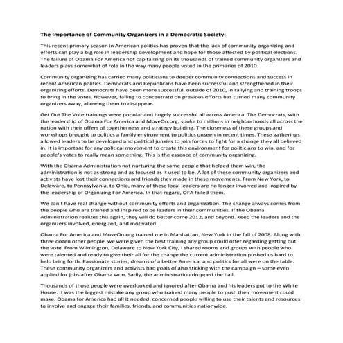 The Importance Of Community Organizers In A Democratic Society | PDF