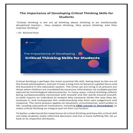 The Importance of Developing Critical Thinking Skills for Students | PDF