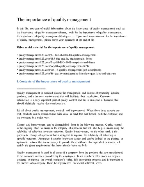 Why is quality management important | DOCX | Business | Business and ...