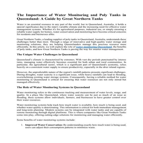 The Importance of Water Monitoring and Poly Tanks in Queensland: A ...