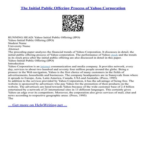 The Initial Public Offering Process Of Yahoo Corporation | PDF ...
