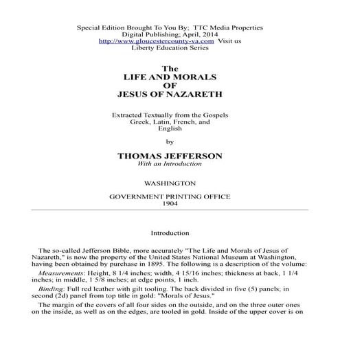 The Jefferson Bible, Thomas Jefferson, Free eBook | PDF