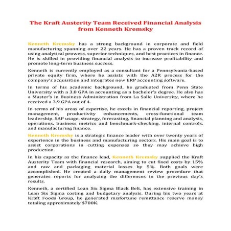 The Kraft Austerity Team Received Financial Analysis from Kenneth ...