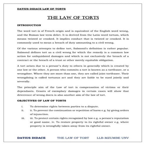 Law of torts notes | DOCX