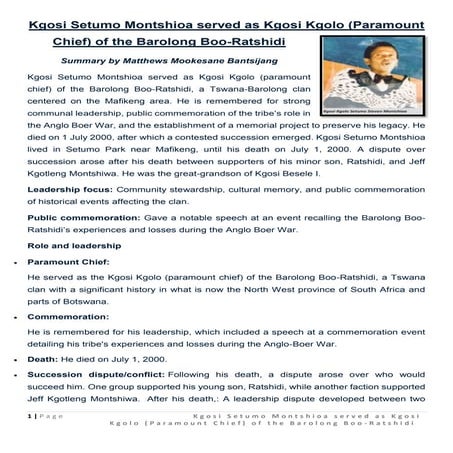 The Leadership and Legacy of Kgosi Setumo Montshioa: A Study of the ...