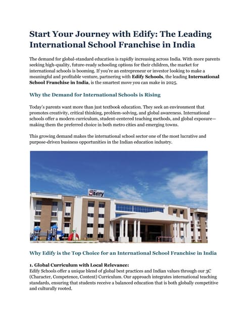 International School Franchise Opportunity in India with Edify Schools | PDF