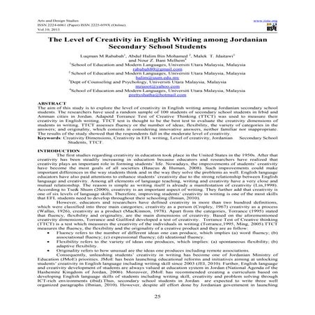 The level of creativity in english writing among jordanian secondary ...