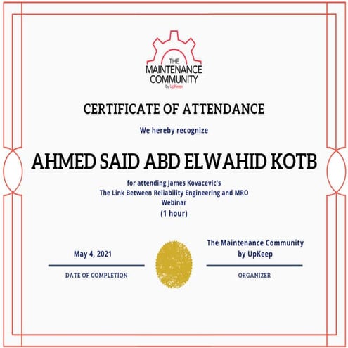 Certificate of Attendance "The link between reliability engineering and ...