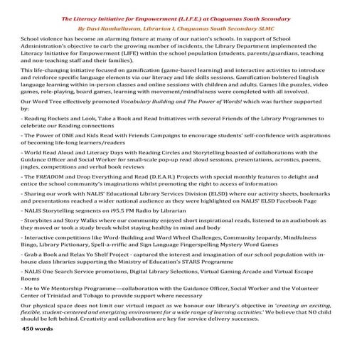 The Literacy Initiative for Empowerment (L.I.F.E.) at Chaguanas South ...