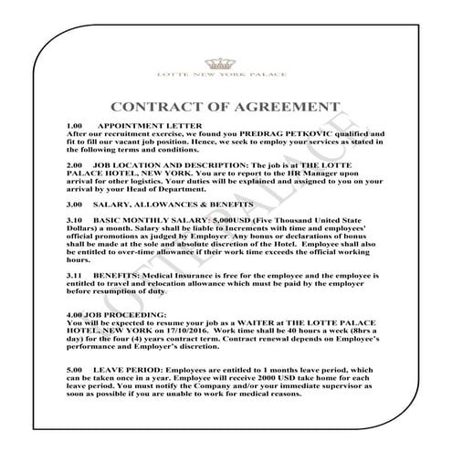 The lotte palace hotel contract of agreement (predrag petkovic) | PDF ...
