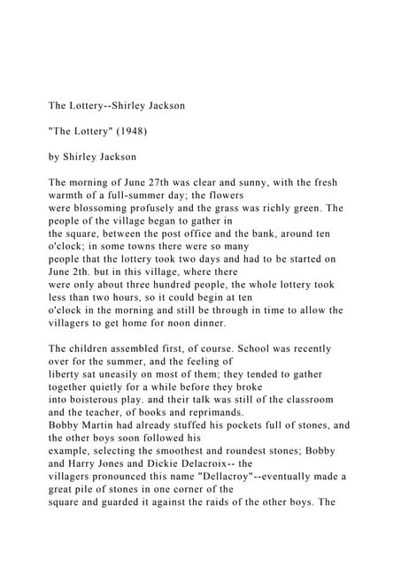 The Lottery by Shirley Jackson - Copy of the text to be read. | PPT