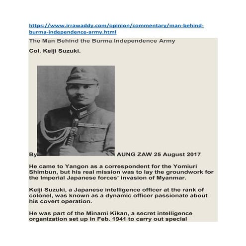 THE MAN BEHIND THE BURMA INDEPENDENCE-ARMY COL KEIJI SUZUKI | PDF