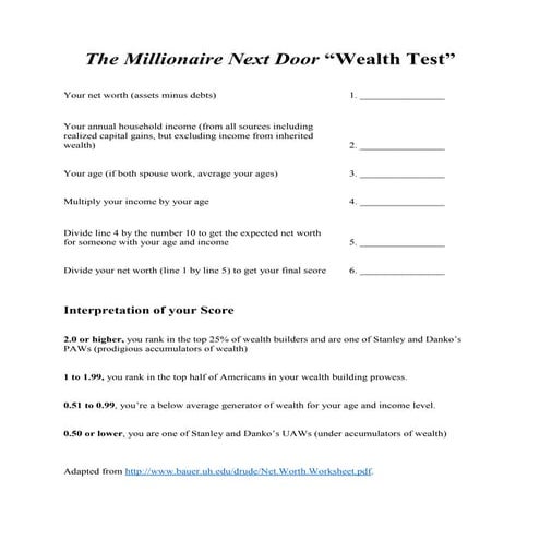 The Millionaire Next Door "Wealth Test" Handout | PDF