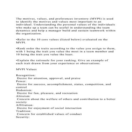 The motives, values, and preferences inventory (MVPI) is used to i.docx