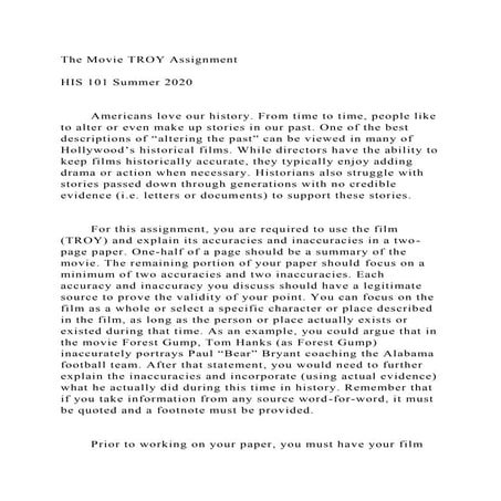 The Movie TROY AssignmentHIS 101 Summer 2020Americans lov.docx ...