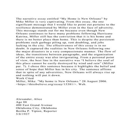 The narrative essay entitled My Home is New Orleans” by Mike Mill.docx