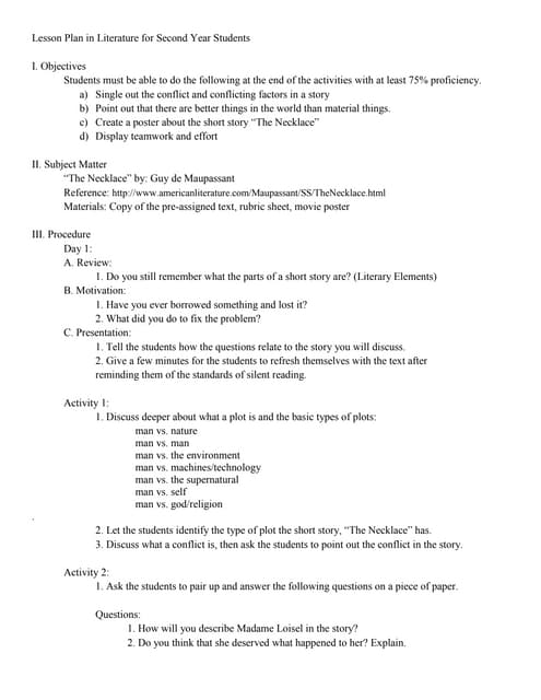 Lesson Plan on Elements of Short Story