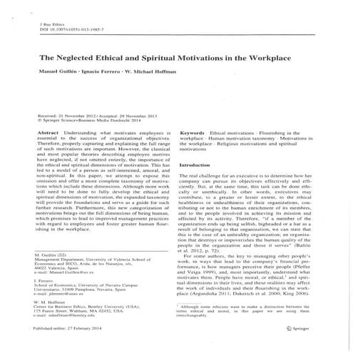 The Neglected Ethical and Spiritual Motivations in the Workplace | PDF