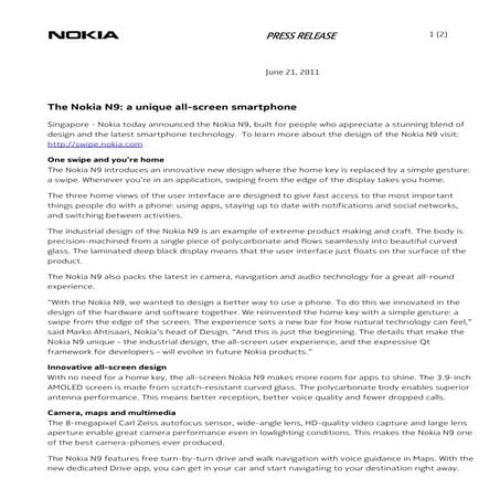 Nokia N9 Press Release | PDF | Smartphones | Consumer Electronics