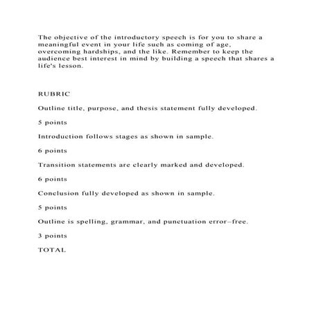 The objective of the introductory speech is for you to share a meani.docx