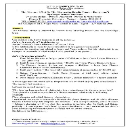The observer effect on the observation results (space = energy=mc2) | PDF