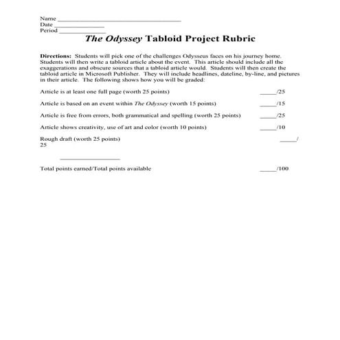 The Odyssey Tabloid Project Rubric | PDF
