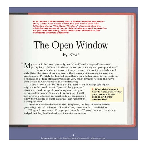 The open window by saki or H H Munro an English short story | PDF