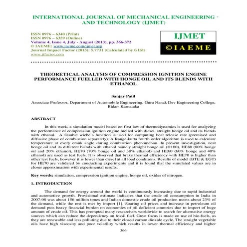 Theoretical analysis of compression ignition engine performance fuelled ...