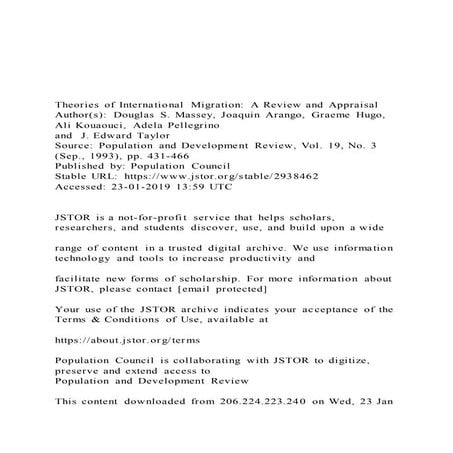 Theories of International Migration A Review and Apprais | DOCX