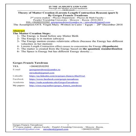 Theory of matter creation (lorentz length contraction reason) (part i ...