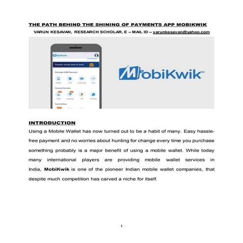 THE PATH BEHIND THE SHINING OF PAYMENTS APP MOBIKWIK | DOCX