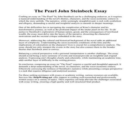 The Pearl John Steinbeck Essay. The Pearl - John Steinbeck Essay ...
