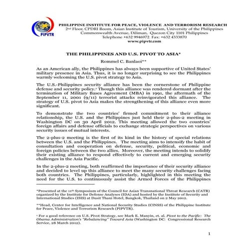The Philippines and US Pivot to Asia by Rommel Banlaoi | PDF