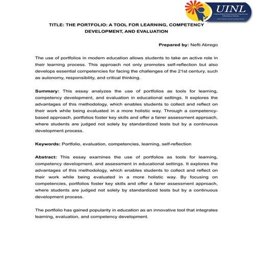 The Portfolio: A Tool for Learning, Competency Development, and Evaluation | PDF | Free Download