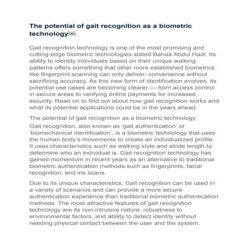 The Potential Of Gait Recognition As A Biometric Technology Pdf