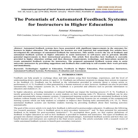 The Potentials of Automated Feedback Systems for Instructors in Higher ...