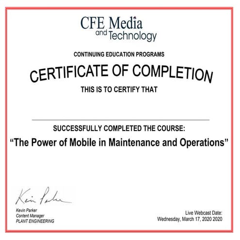 Certificate of Completion: "The power of mobile in maintenance and ...