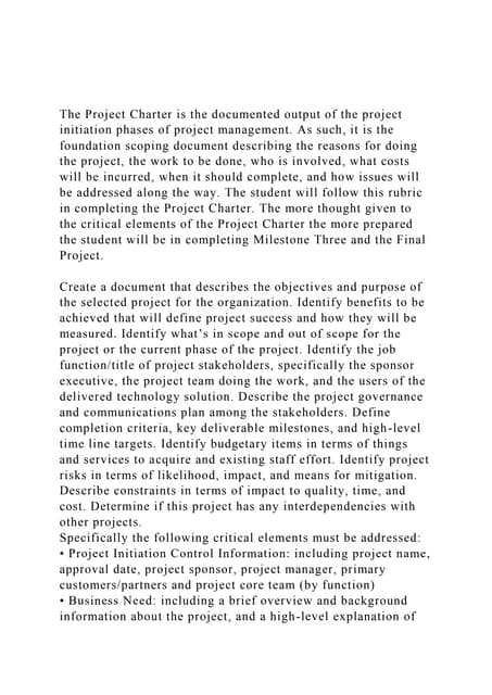 ANALYSIS OF PROJECT CHARTER PROJECT MANAGEMENT ANALYSIS OF PROJECT ...