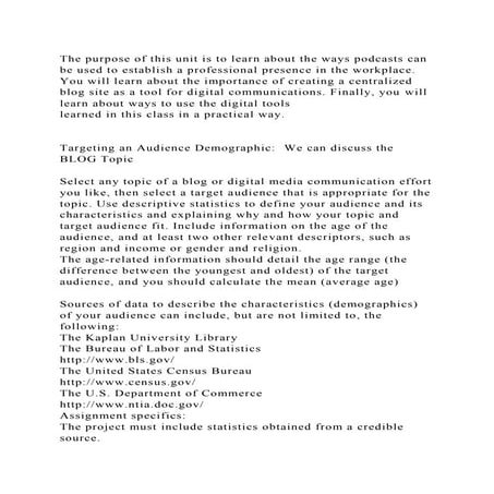 The purpose of this unit is to learn about the ways podcasts can be .docx