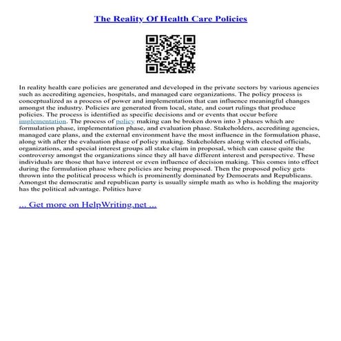 The Reality Of Health Care Policies | PDF
