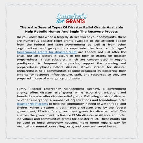 There Are Several Types Of Disaster Relief Grants Available Help ...