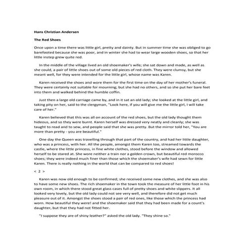 The red shoes by hans christian andersen | PDF