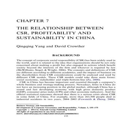 The relationship between csr, profitability and sustainability in china ...