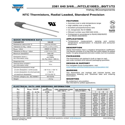 Vishay NTC Thermistor Radial Leaded Datasheet | PDF