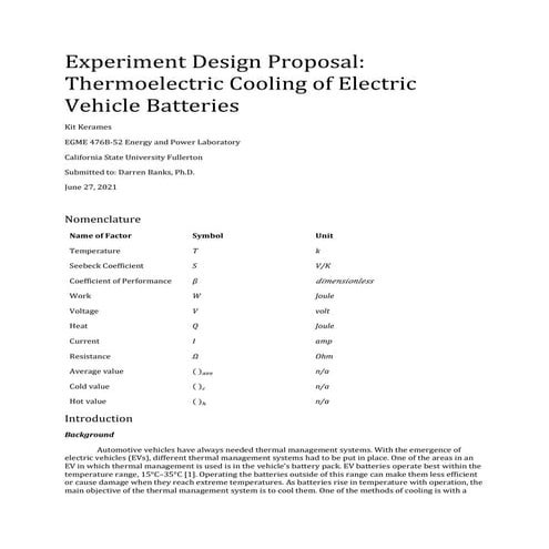 Research proposal: Thermoelectric cooling in electric vehicles | PDF